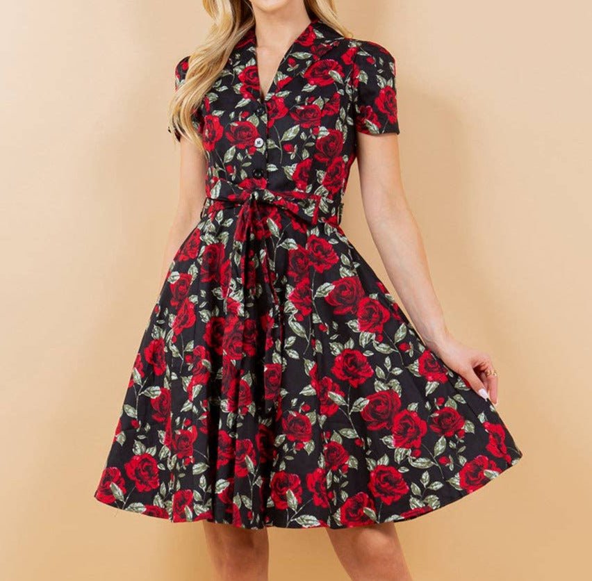 Retro Rose Print Fit & Flare Cotton Dress – Little Hippie